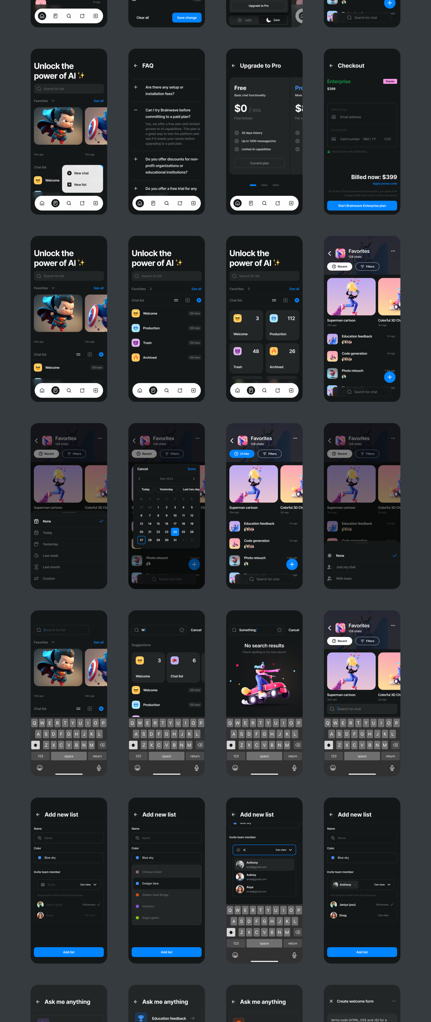 A01 双配色Ai人工智能ChatGPT聊天机器人社交App应用ui界面设计Fig设计套件Brainwave – AI iOS UI Kit _ 果觅网（gooodme）